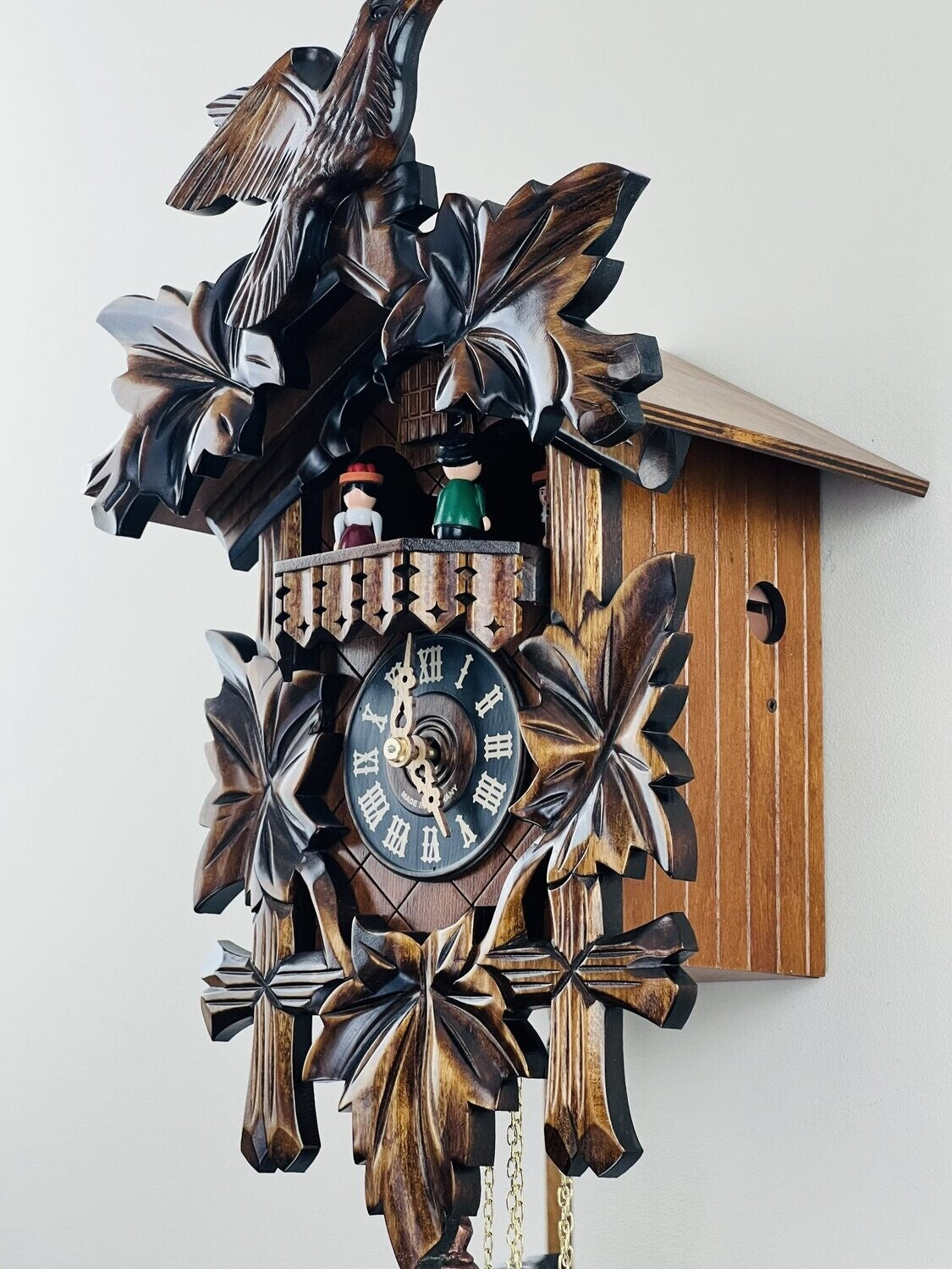 One Day Musical Cuckoo Clock with Dancers, Five Hand-carved Maple Leav