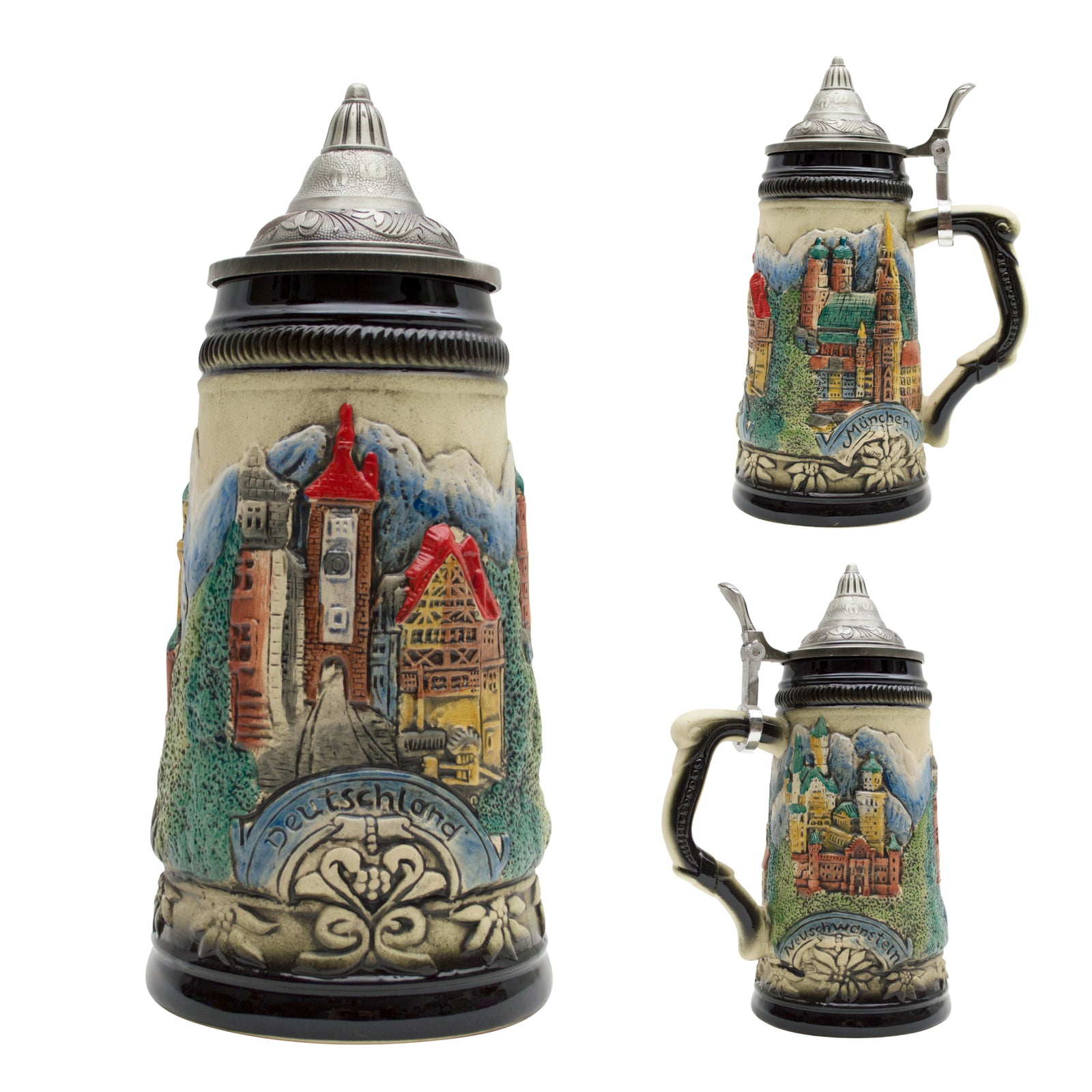 Bavarian Mountain village Engraved German Beer Stein with Metal Lid