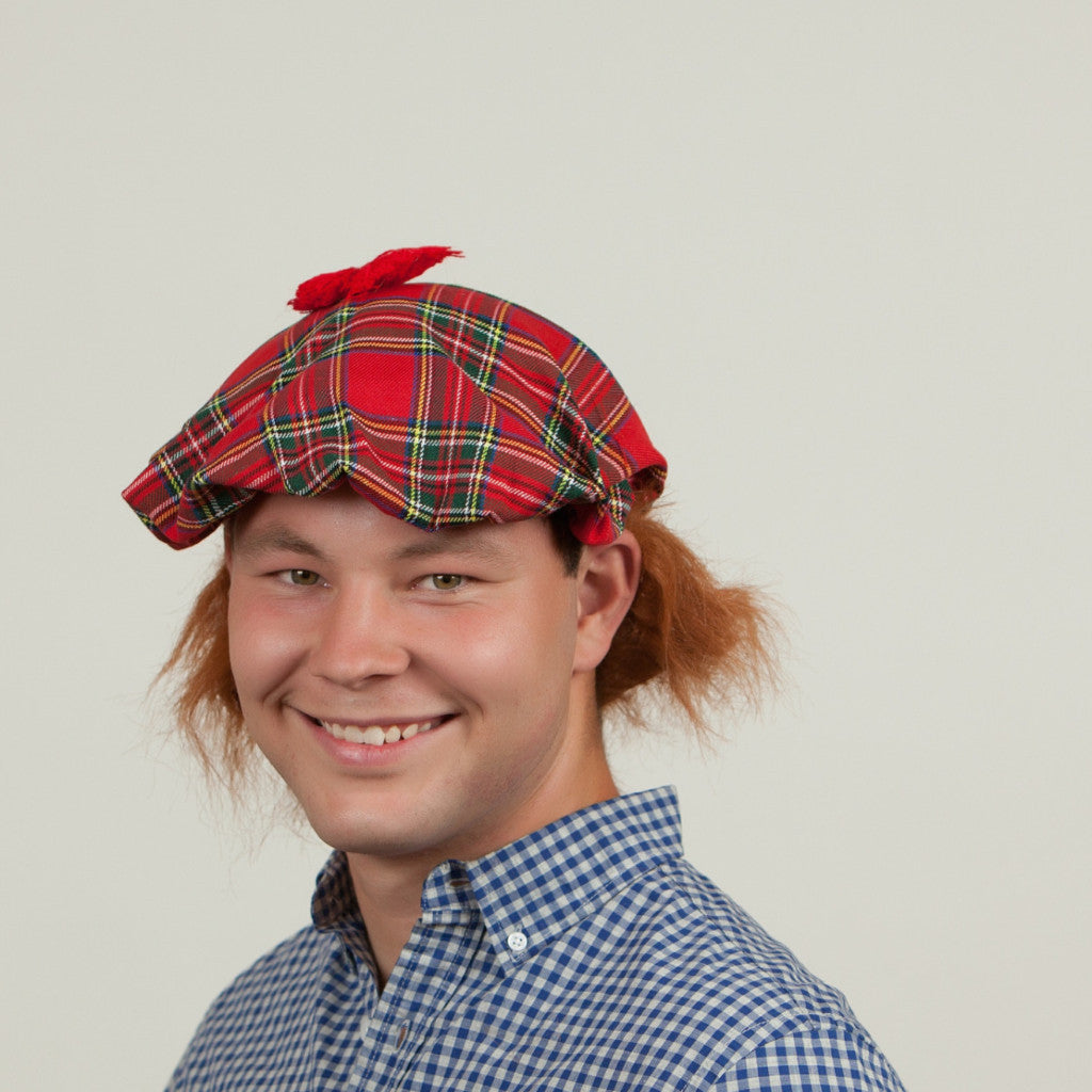 Scottish Plaid Novelty Hat with Reddish-Brown Back Wig