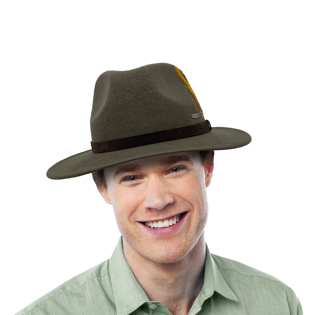 100% Wool German Themed Green Bavarian Mountain Alpen Hat with Leather Band