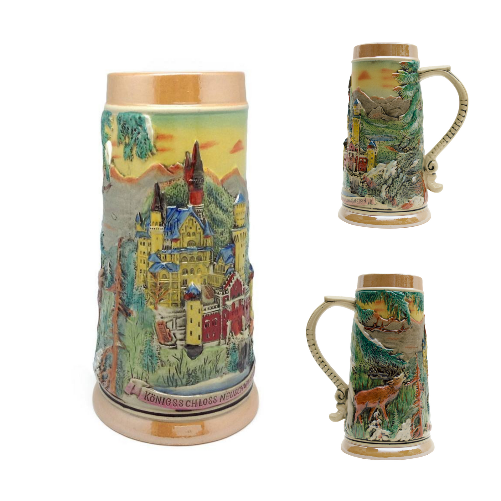 German Beer Stein with Engraved Ludwig Castle Mountain Scene